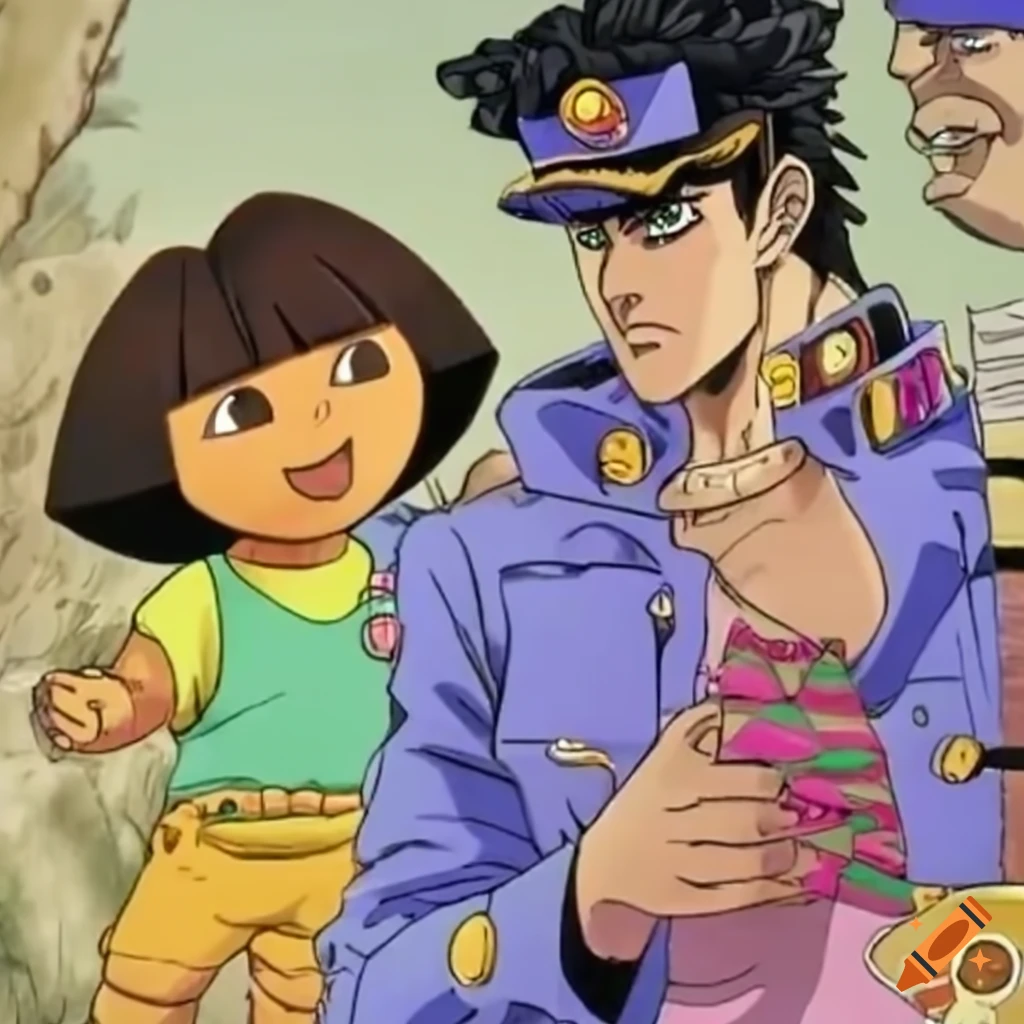 Crossover art of Dora the Explorer and Jotaro Kujo on Craiyon