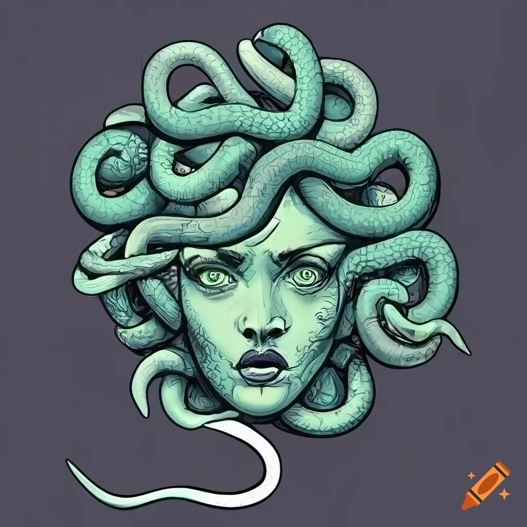 Simplified abstract art of Medusa head with smiley snakes on Craiyon