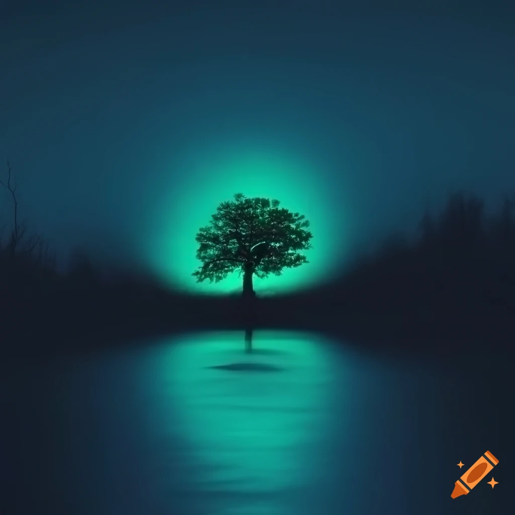 Neon greenish teal tree in a lake at night on Craiyon