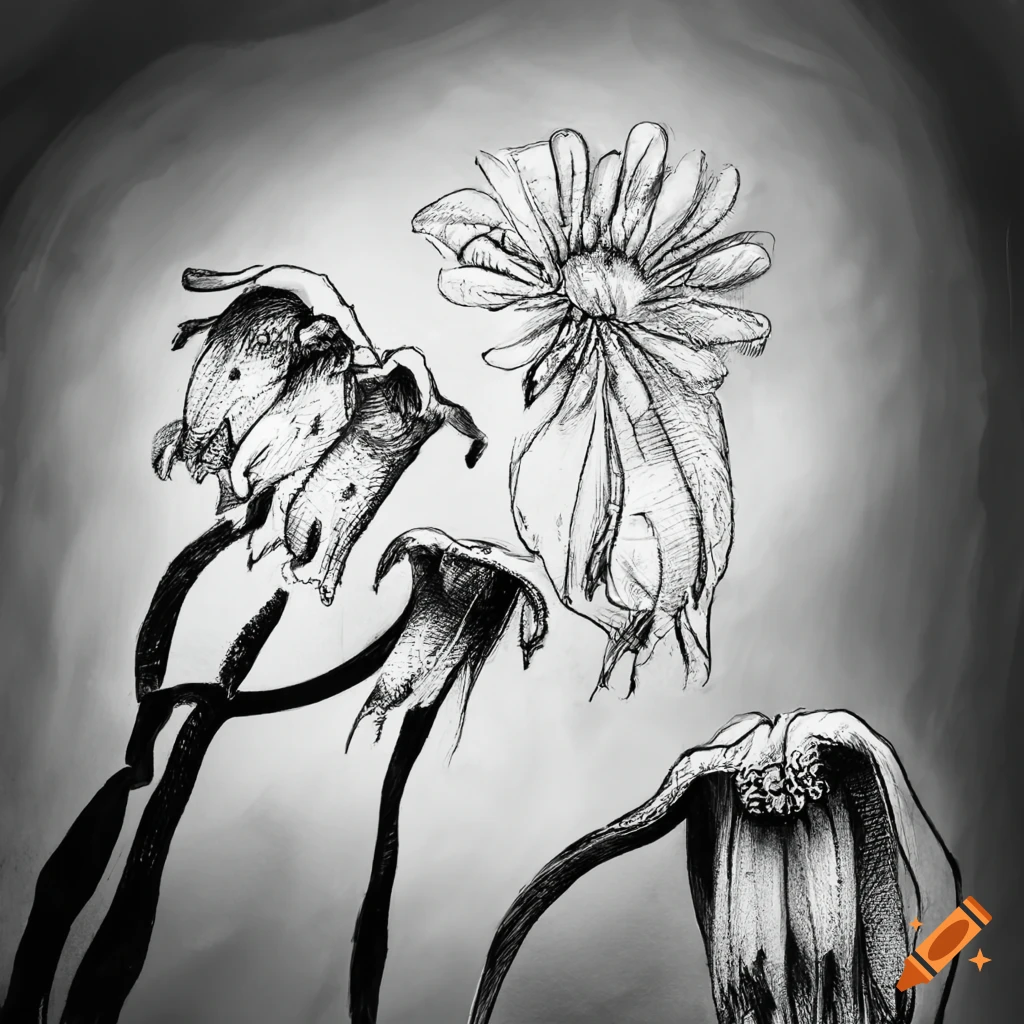 Black and white pencil drawing of a ghost with flowers