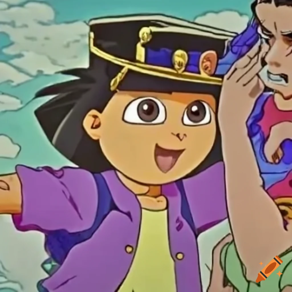 Crossover art of Dora the Explorer and Jotaro Kujo on Craiyon