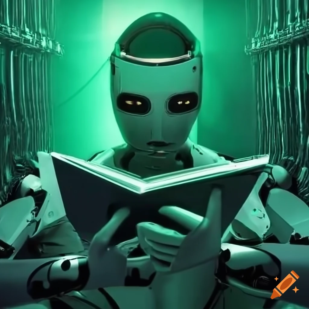 Futuristic robot reading a glowing book in a sci-fi room on Craiyon