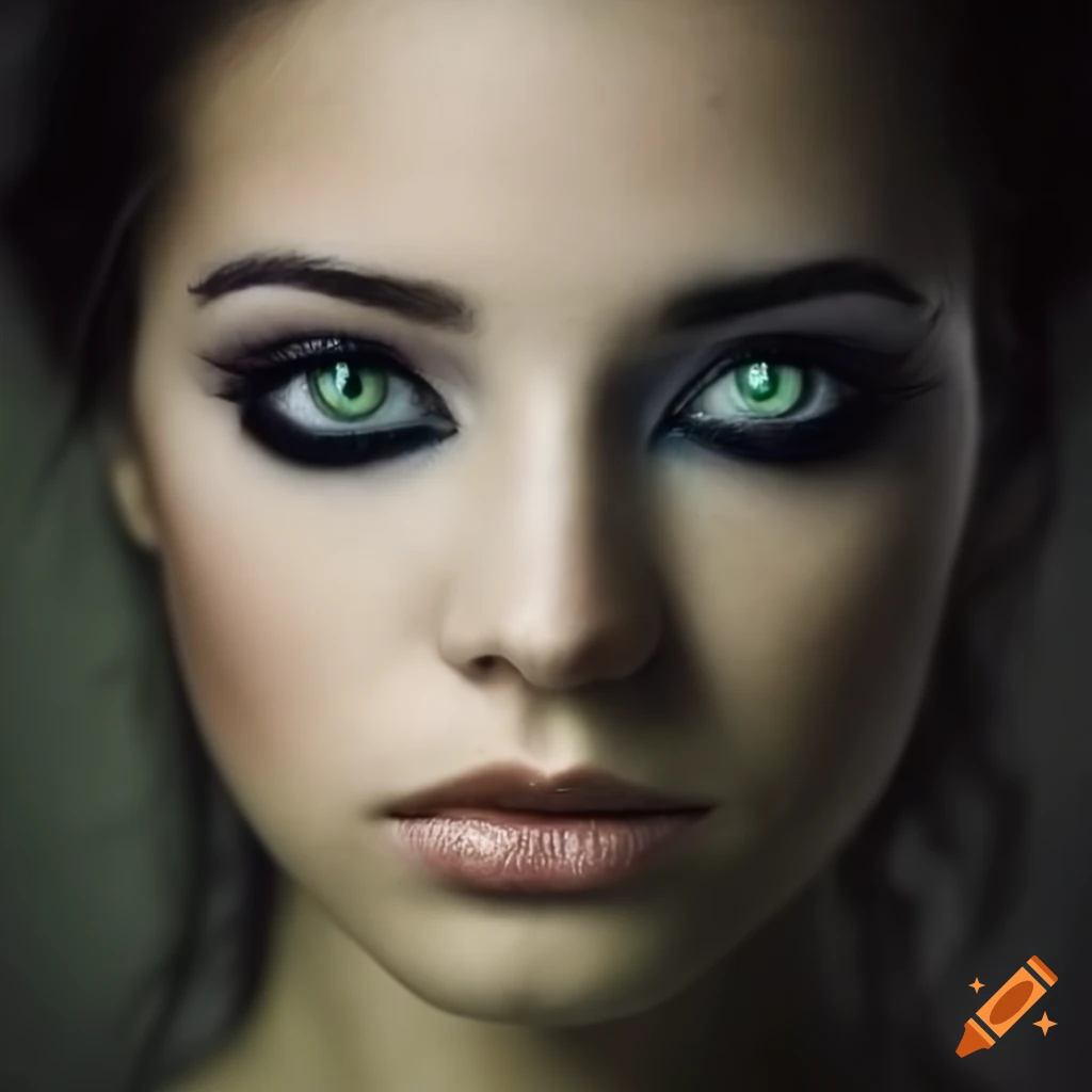 Close-up of a woman with striking green eyes and black hair on Craiyon