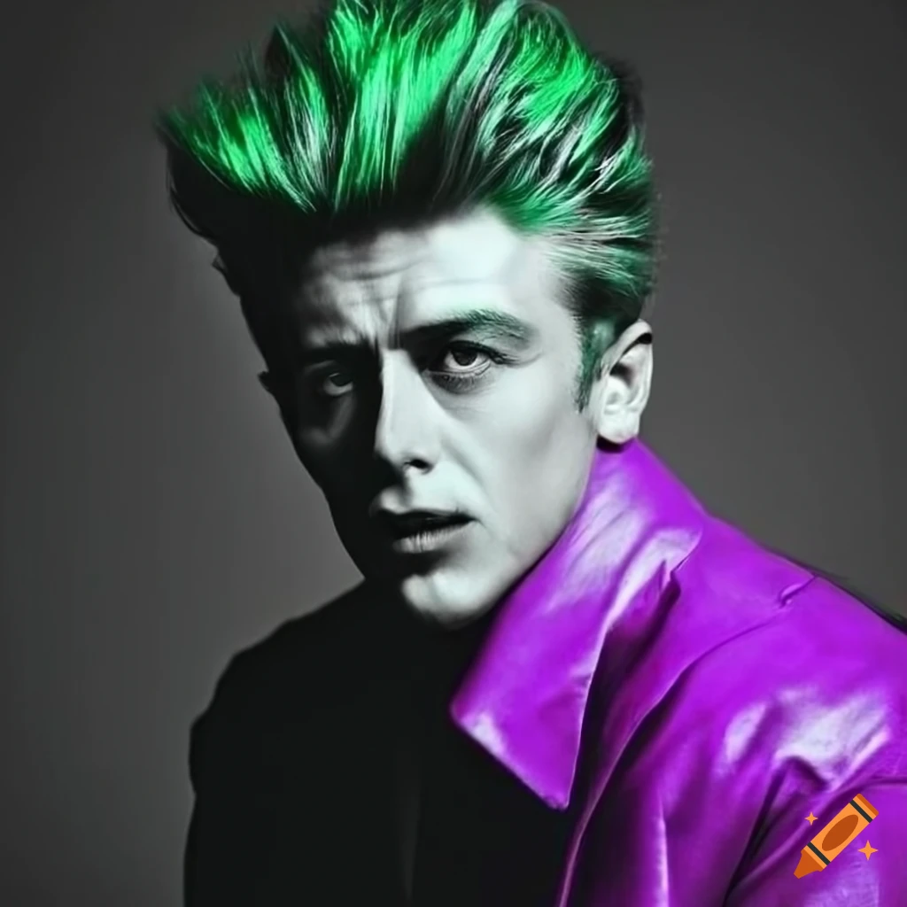 Sensual portrait of James Dean with neon purple leather jacket on Craiyon