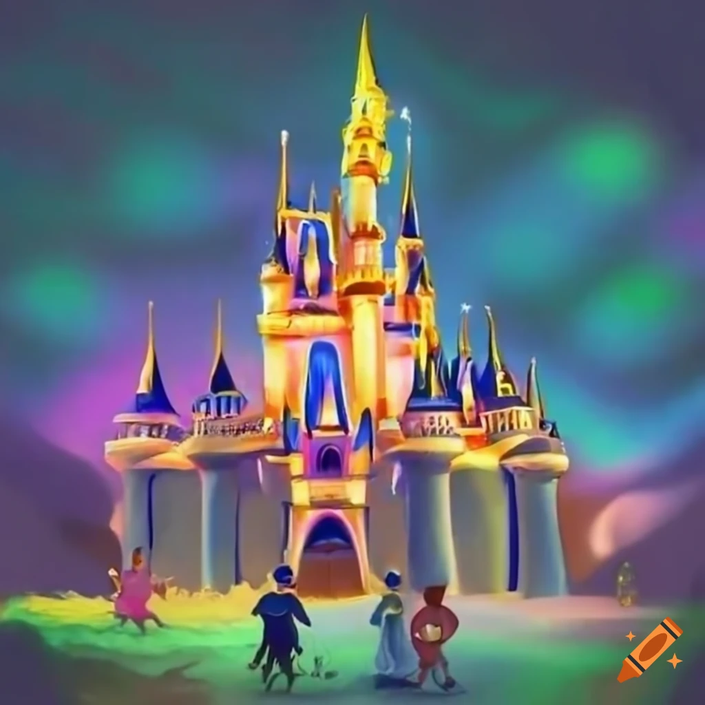 Illuminated disney castle with kids enjoying the light show on Craiyon