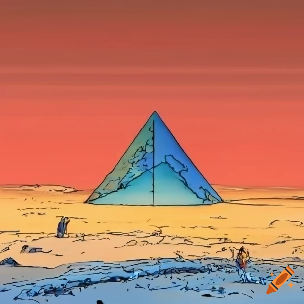 Moebius-inspired blue sands desert with hovering pyramid on Craiyon