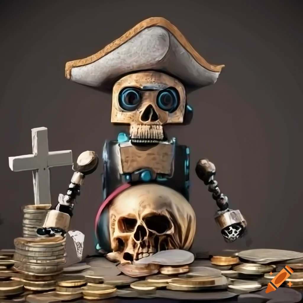 Robot pirate with pirate hat and piles of coins on Craiyon
