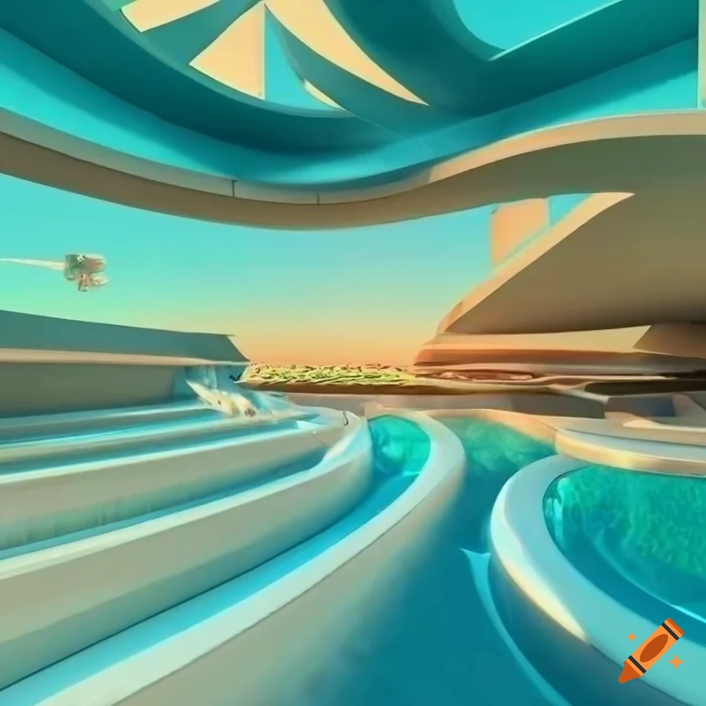 3d rendered architectural spa with underwater hallway and waterfalls on ...