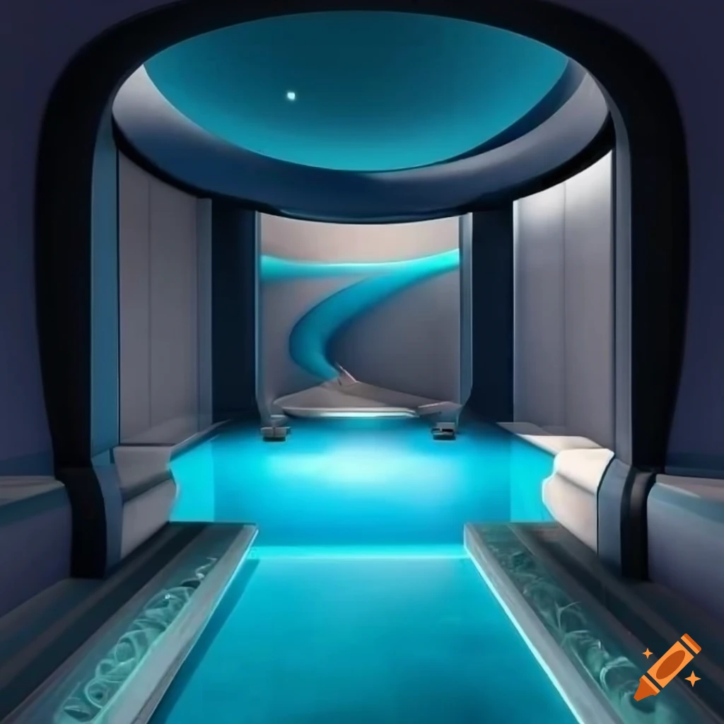 Surreal spa interior with waterfalls and curvy forms on Craiyon