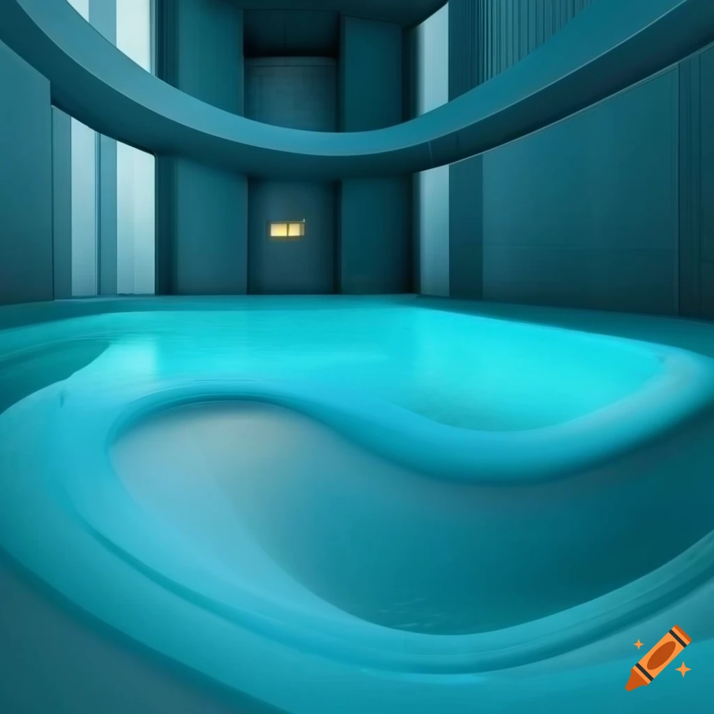 Surreal 3D rendering of an architectual spa with waterfalls on Craiyon