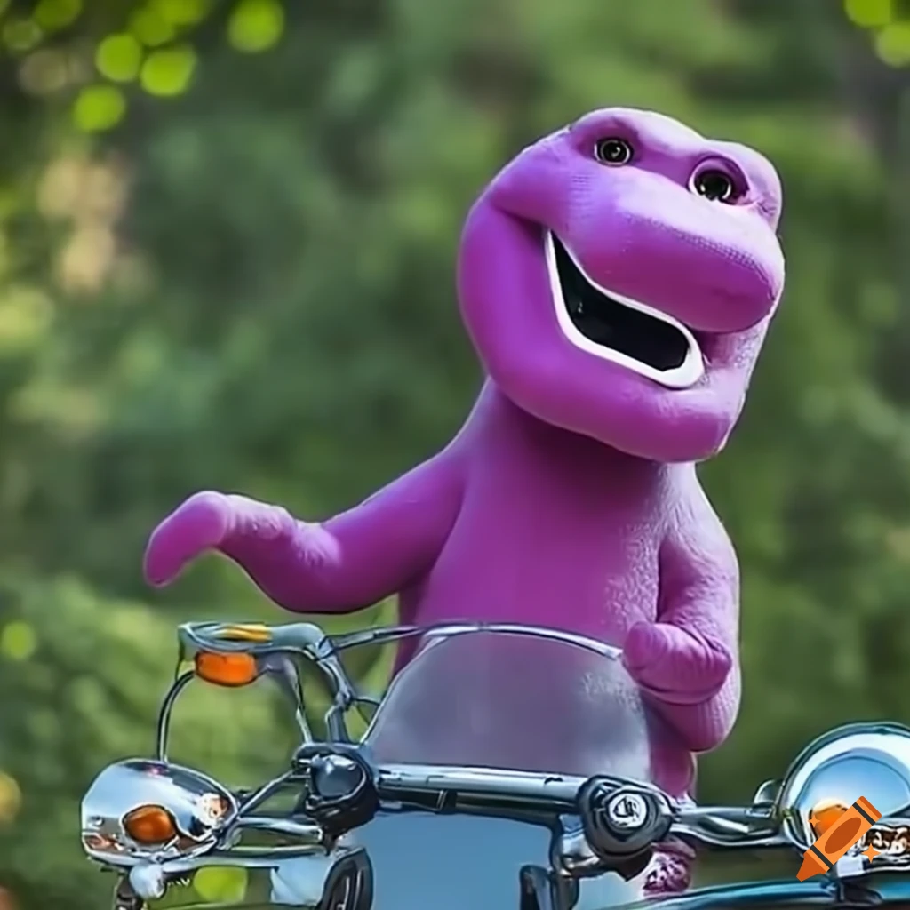 Barney the dinosaur riding a motorcycle with sunglasses on Craiyon