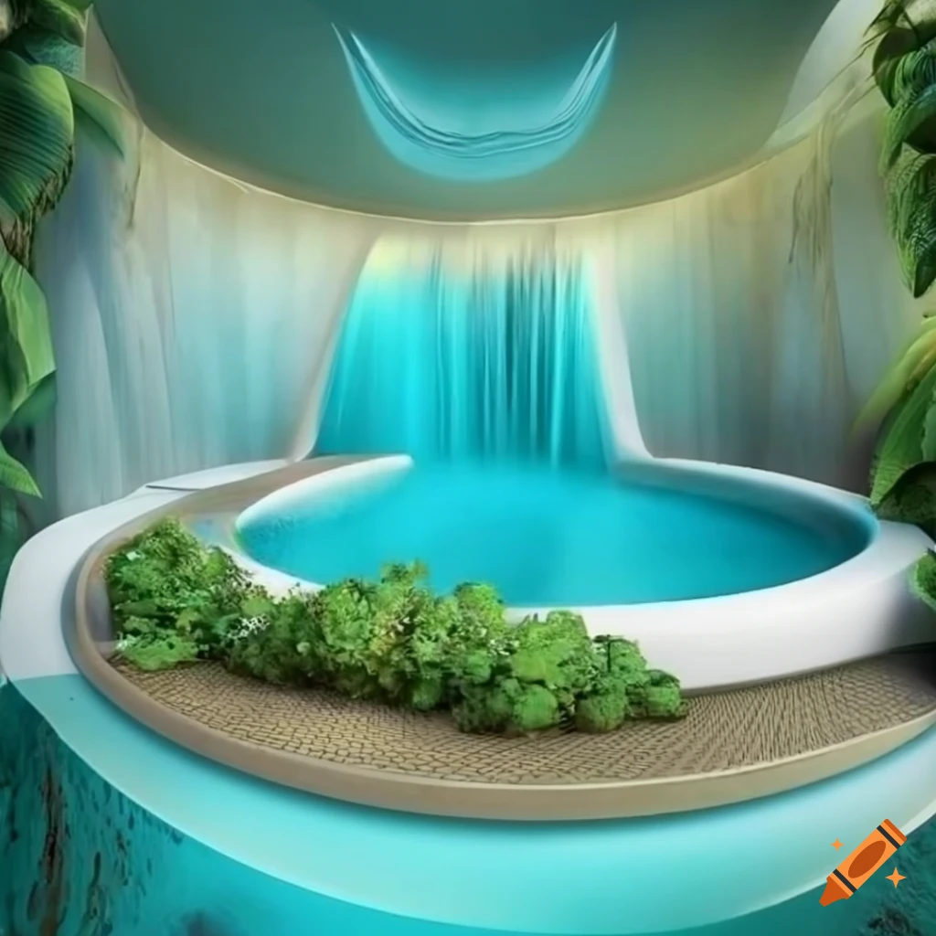 Surreal 3d rendering of an underwater spa with waterfalls on Craiyon