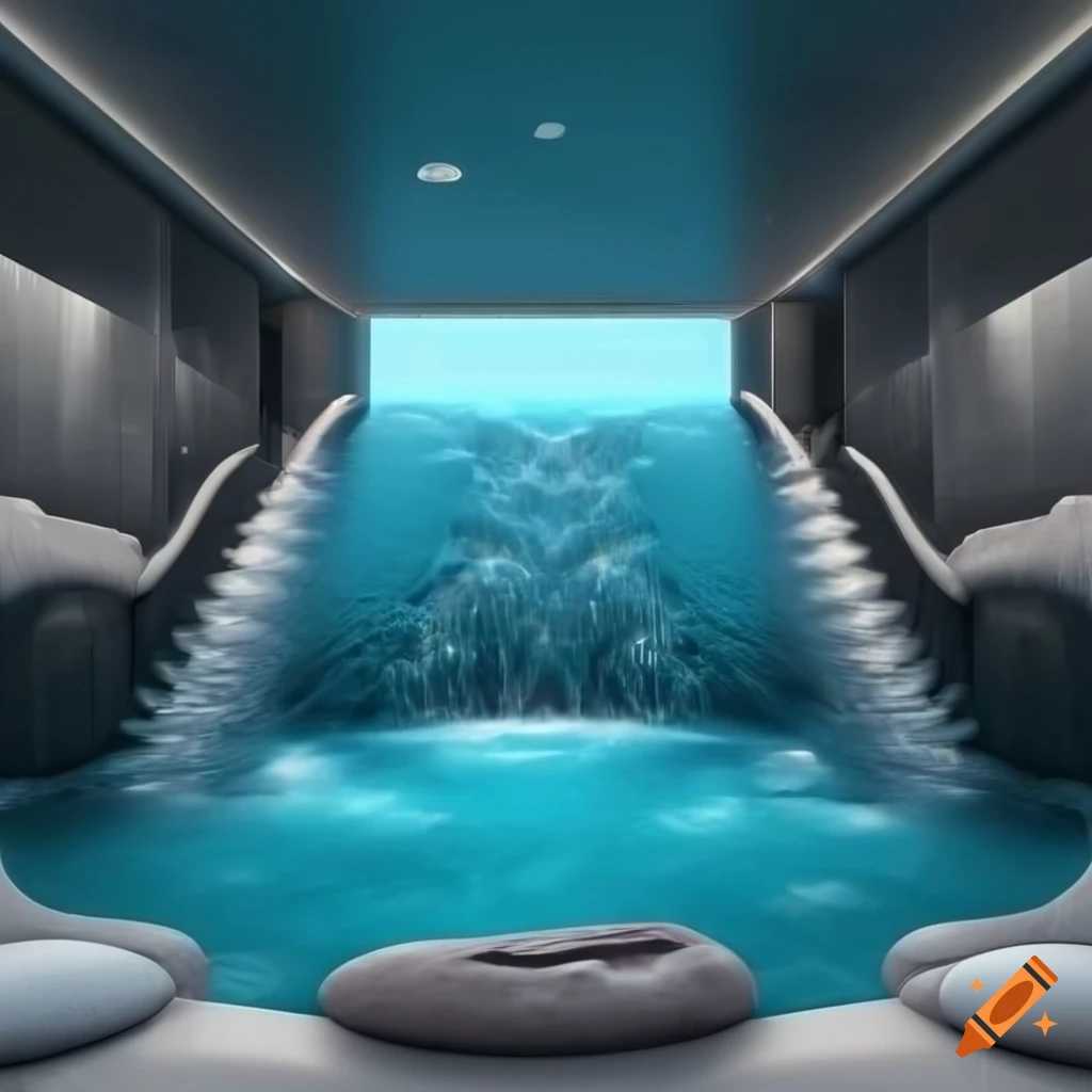 3d rendering of a surreal underwater spa with pools and waterfalls on ...