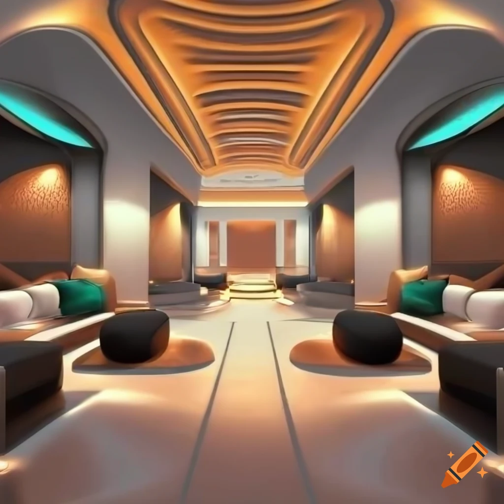Surreal 3d rendered living room with pool hallway on Craiyon