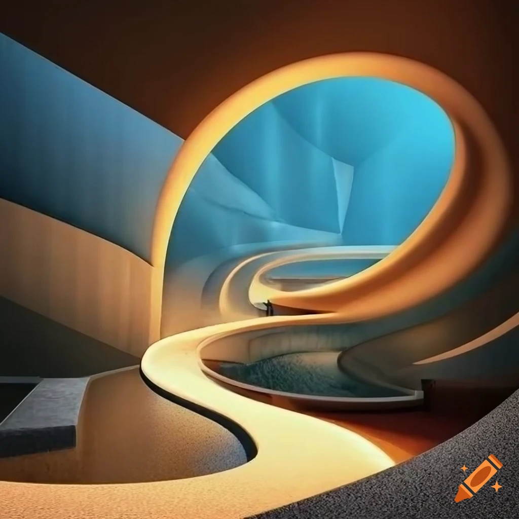 Surreal 3D rendering of a spa with waterfalls and flowing shapes on Craiyon