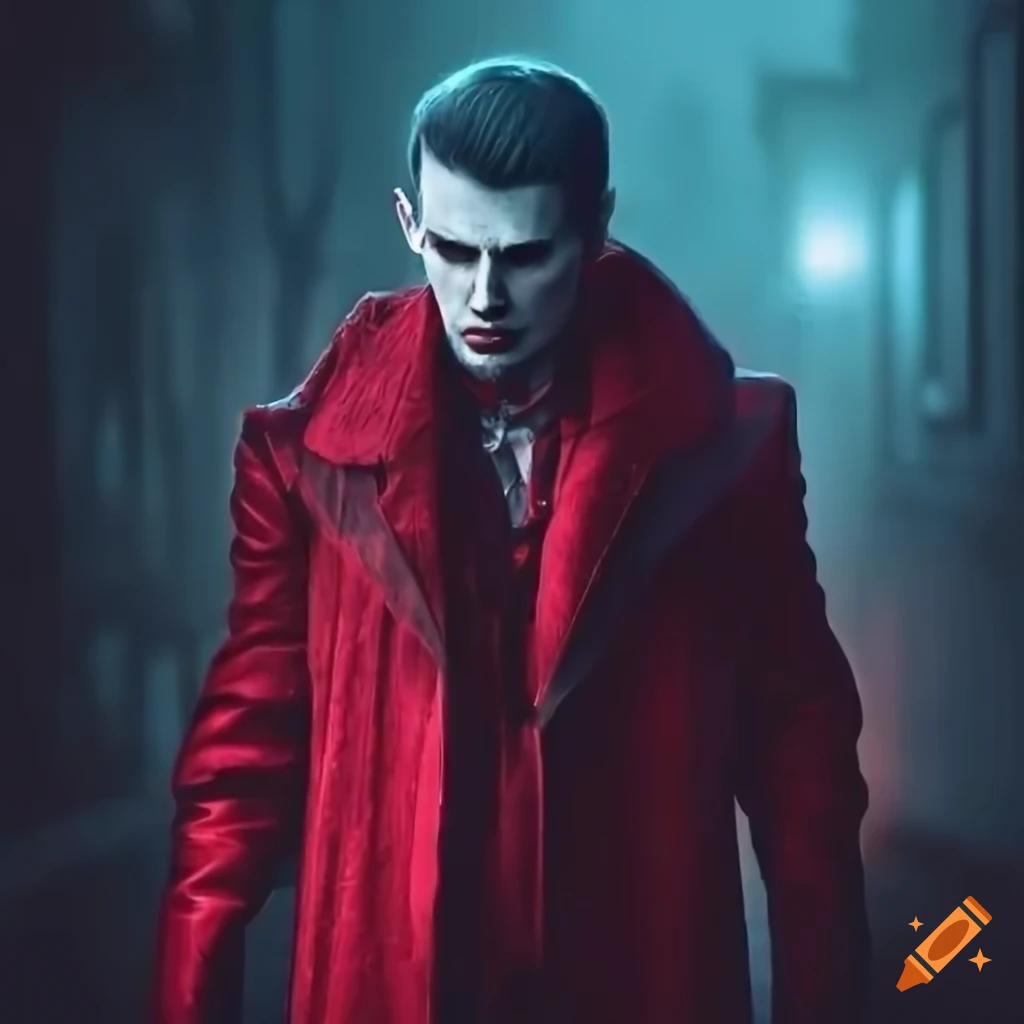Image of a mysterious vampire walking through a foggy night city on Craiyon