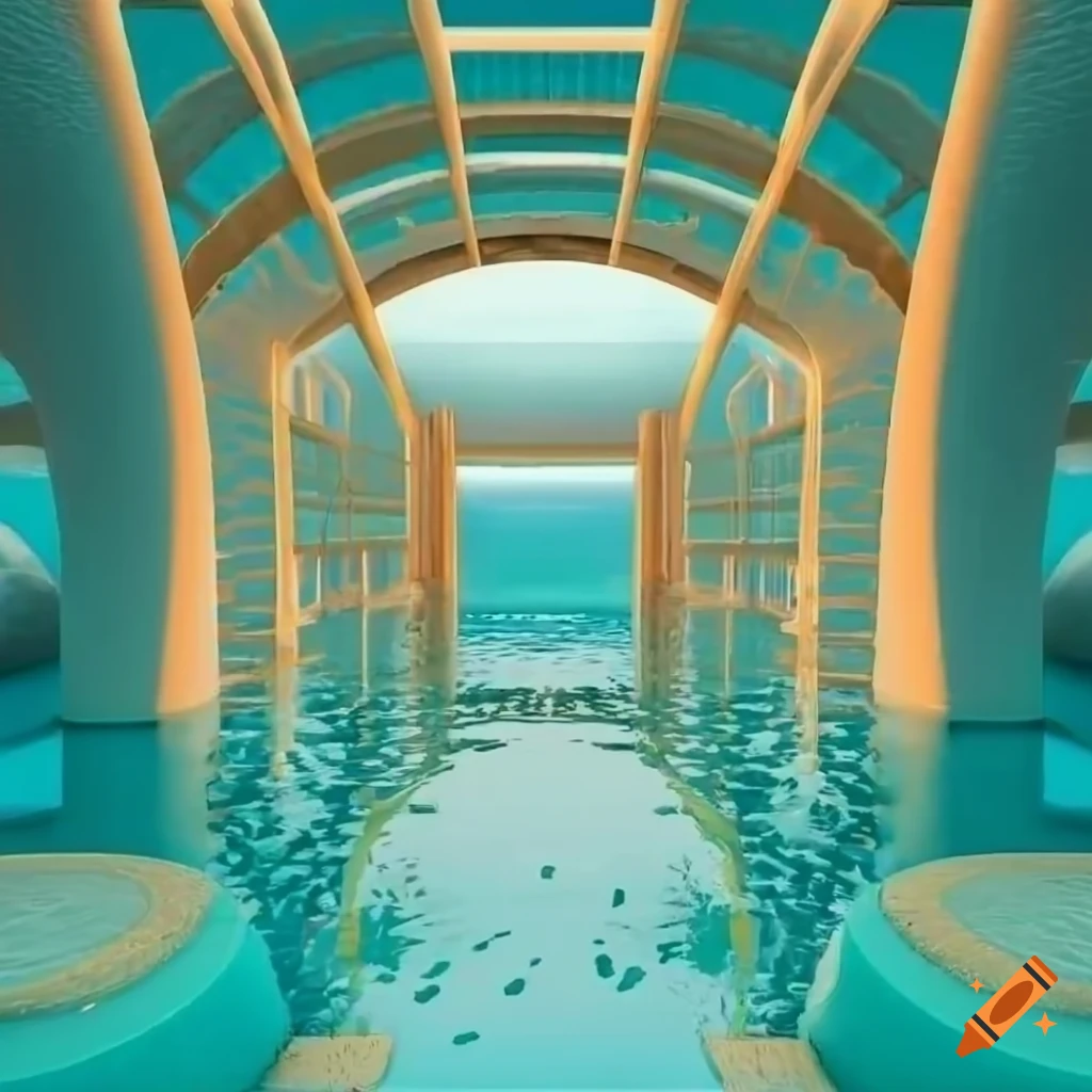 Surreal architecture spa with pools and waterfalls on Craiyon