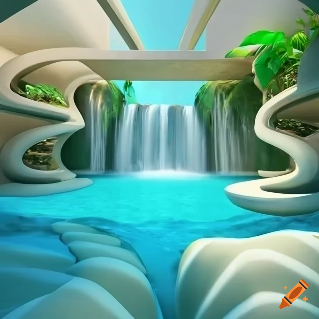 Surreal 3d rendering of an underwater spa with waterfalls on Craiyon