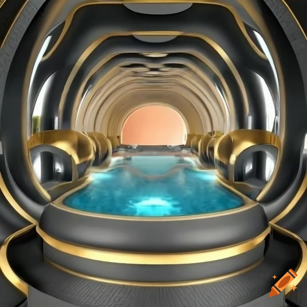 Surreal 3D rendered architecture of a spa with pools and waterfalls on ...