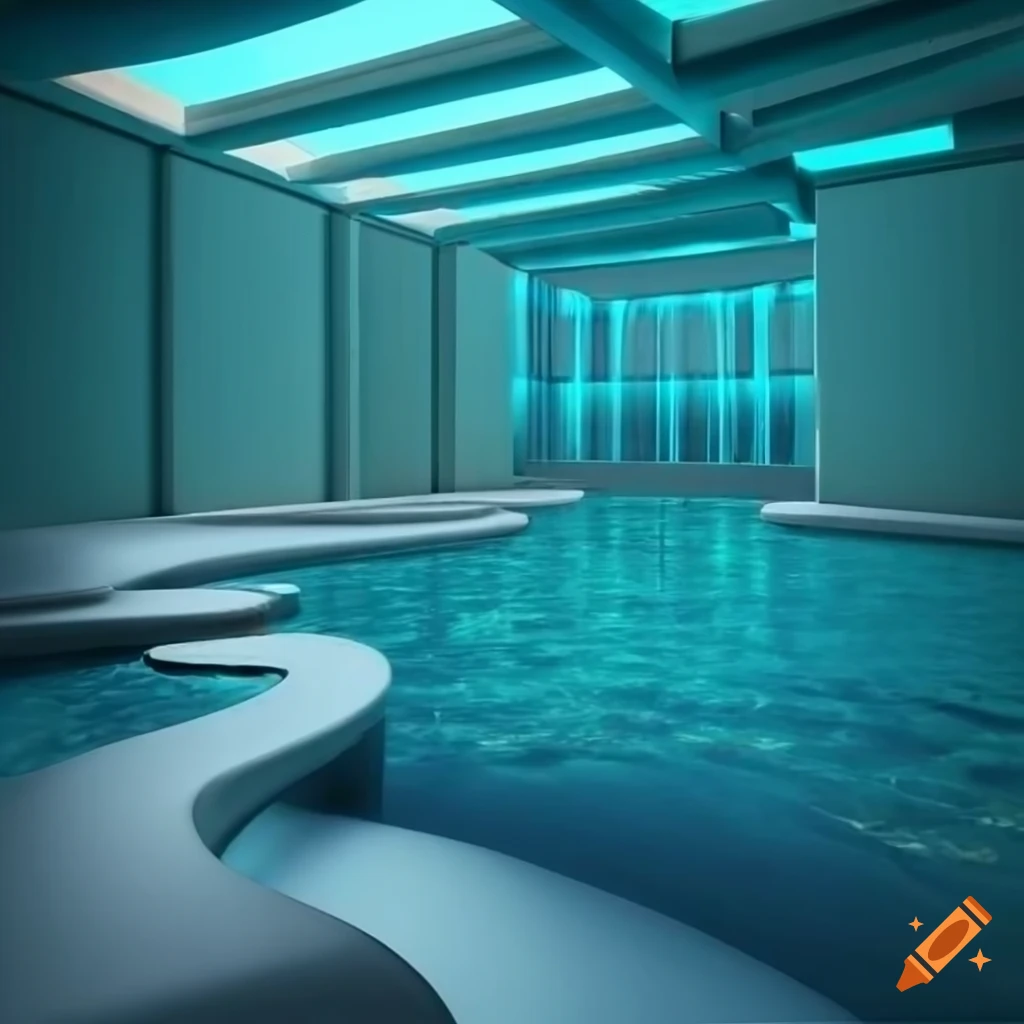 Surreal underwater spa with waterfalls and curvy shapes on Craiyon