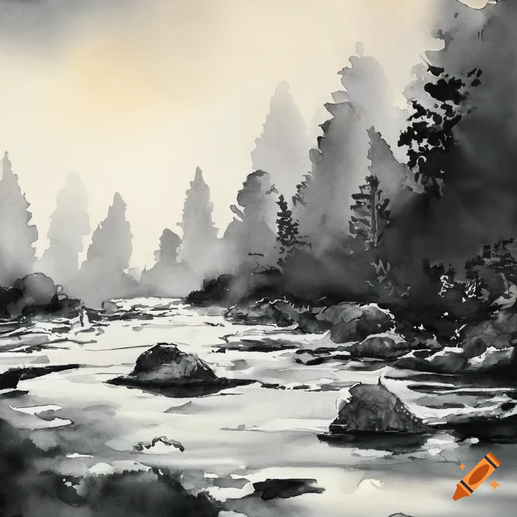 Black-and-white watercolor painting of a village by the river on Craiyon
