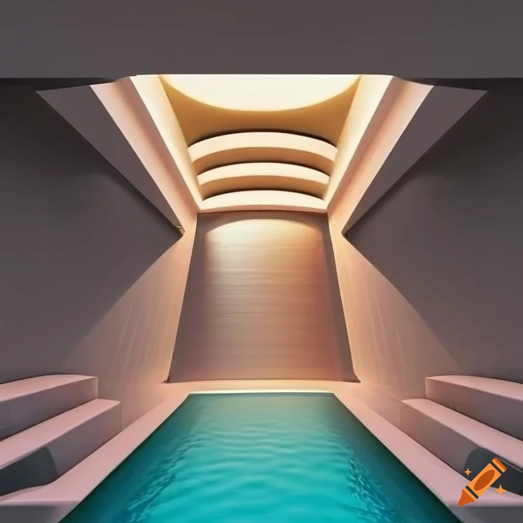 Surreal 3d rendered spa interior with waterfalls and curved forms on ...