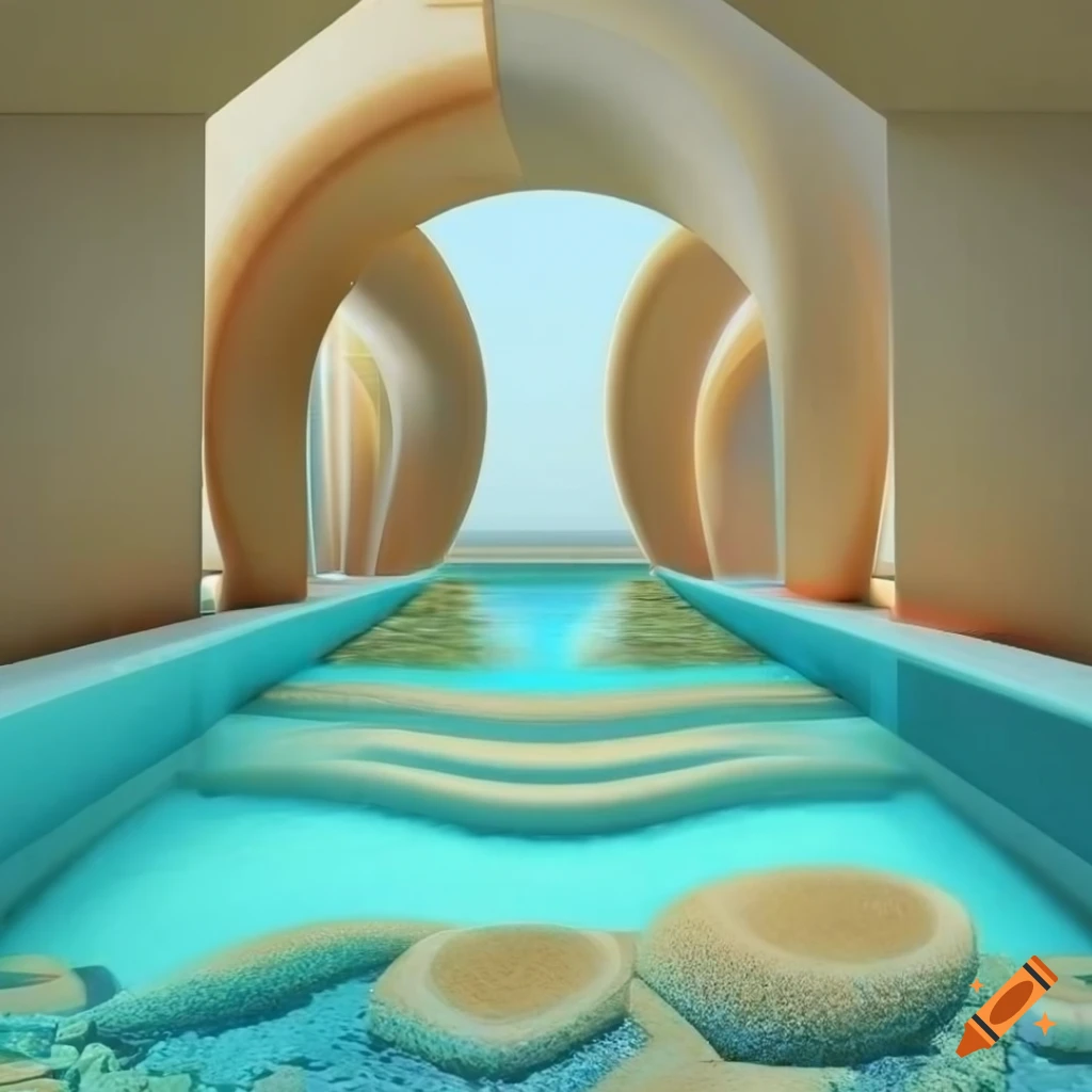 3D rendering of a surreal underwater spa with pools and waterfalls on ...