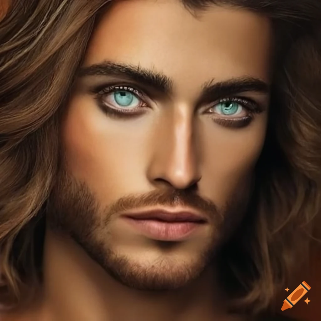 Portrait of Archangel Michael with long dark wavy hair and dark green ...