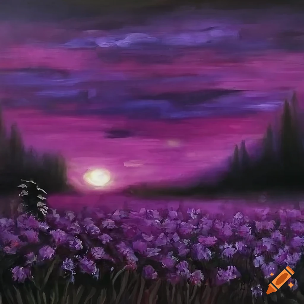 Dark oil painting with purple flowers and flames on Craiyon