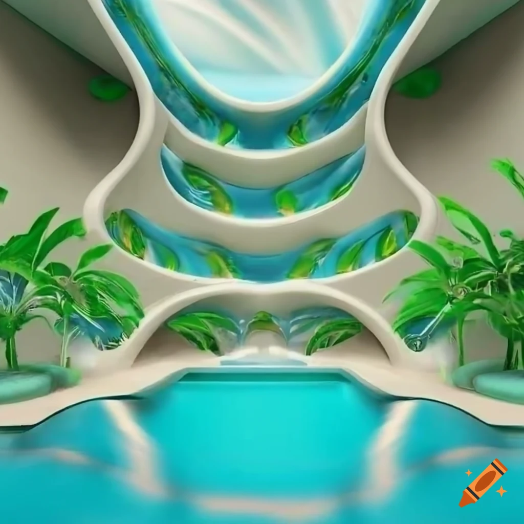 3d rendered spa interior with pools and waterfalls on Craiyon