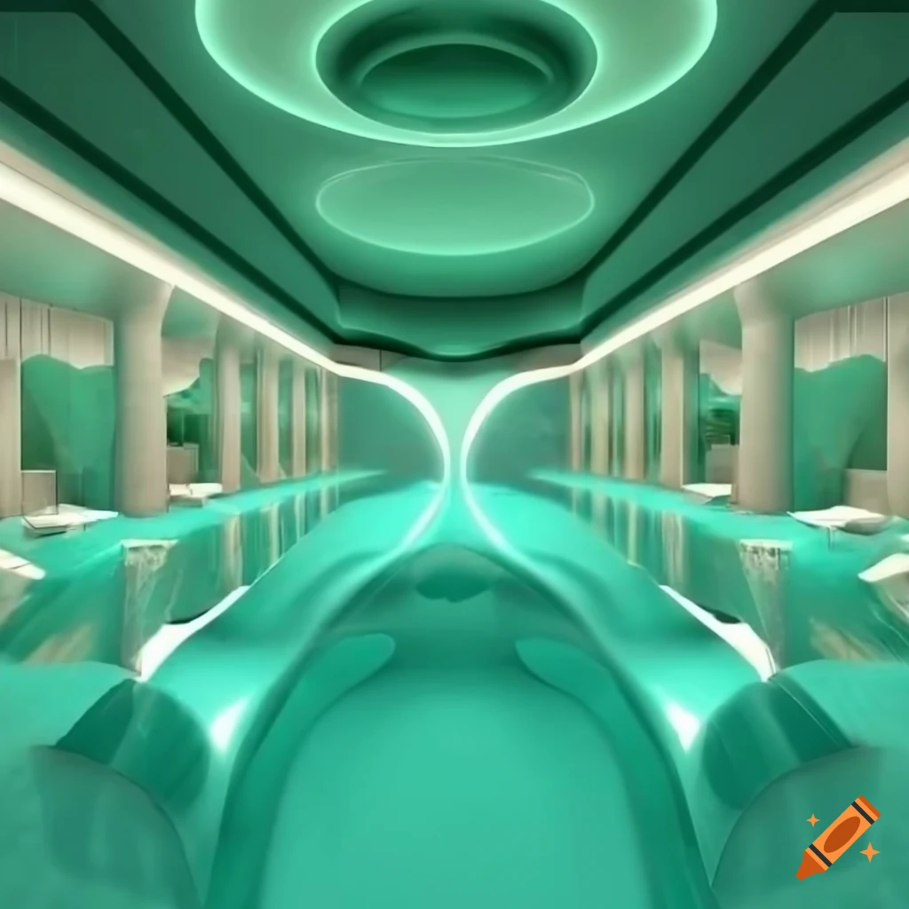 3D rendering of a surreal spa interior with pools and waterfalls on Craiyon