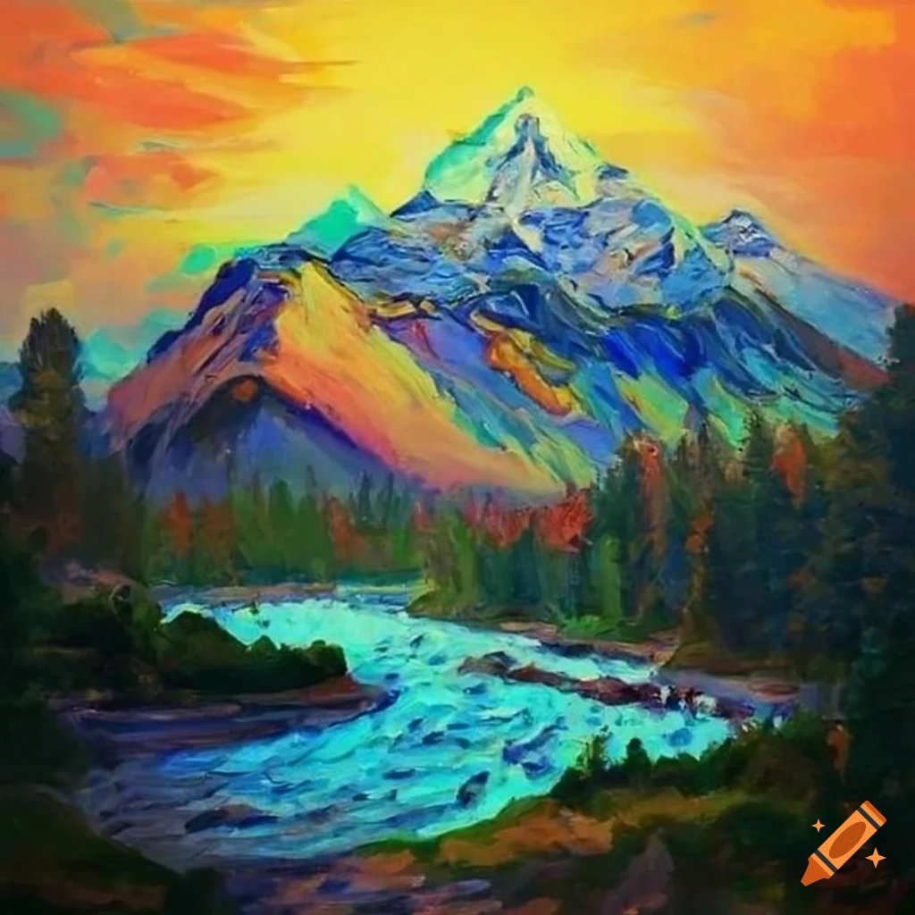 Impressionism painting of a diamond river flowing down a mountain on ...