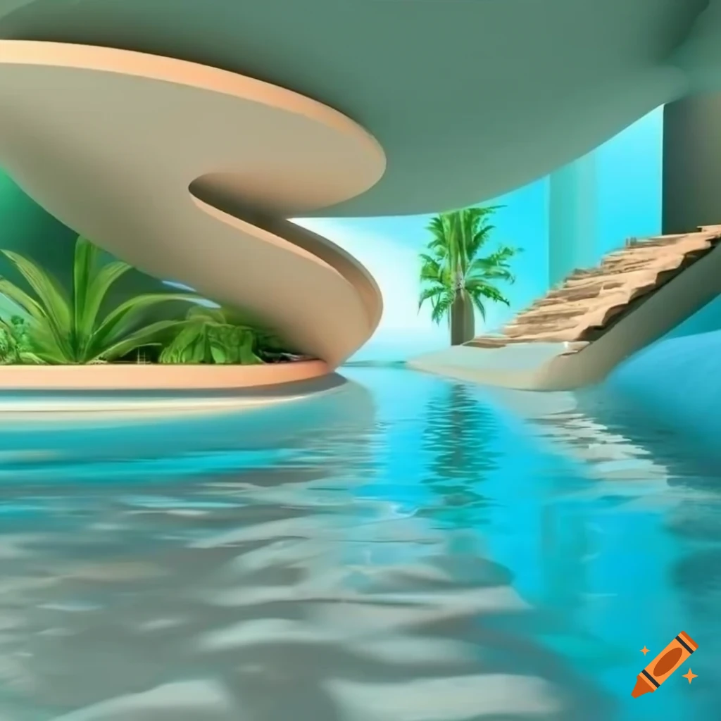 3D rendering of a surreal underwater spa with pools and waterfalls on ...