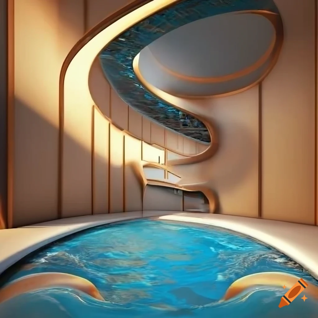 Surreal architecture spa with pools and waterfalls on Craiyon