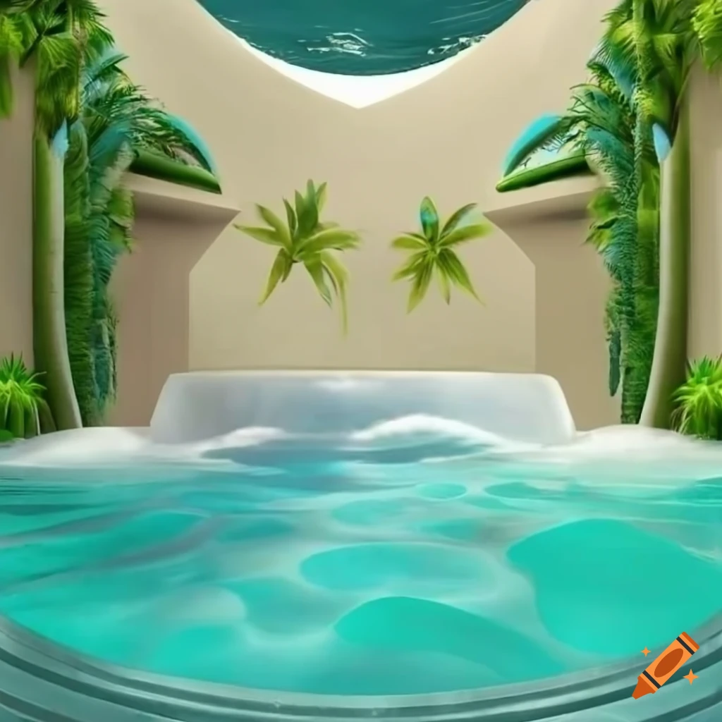 Surreal 3d rendering of an underwater spa with waterfalls on Craiyon