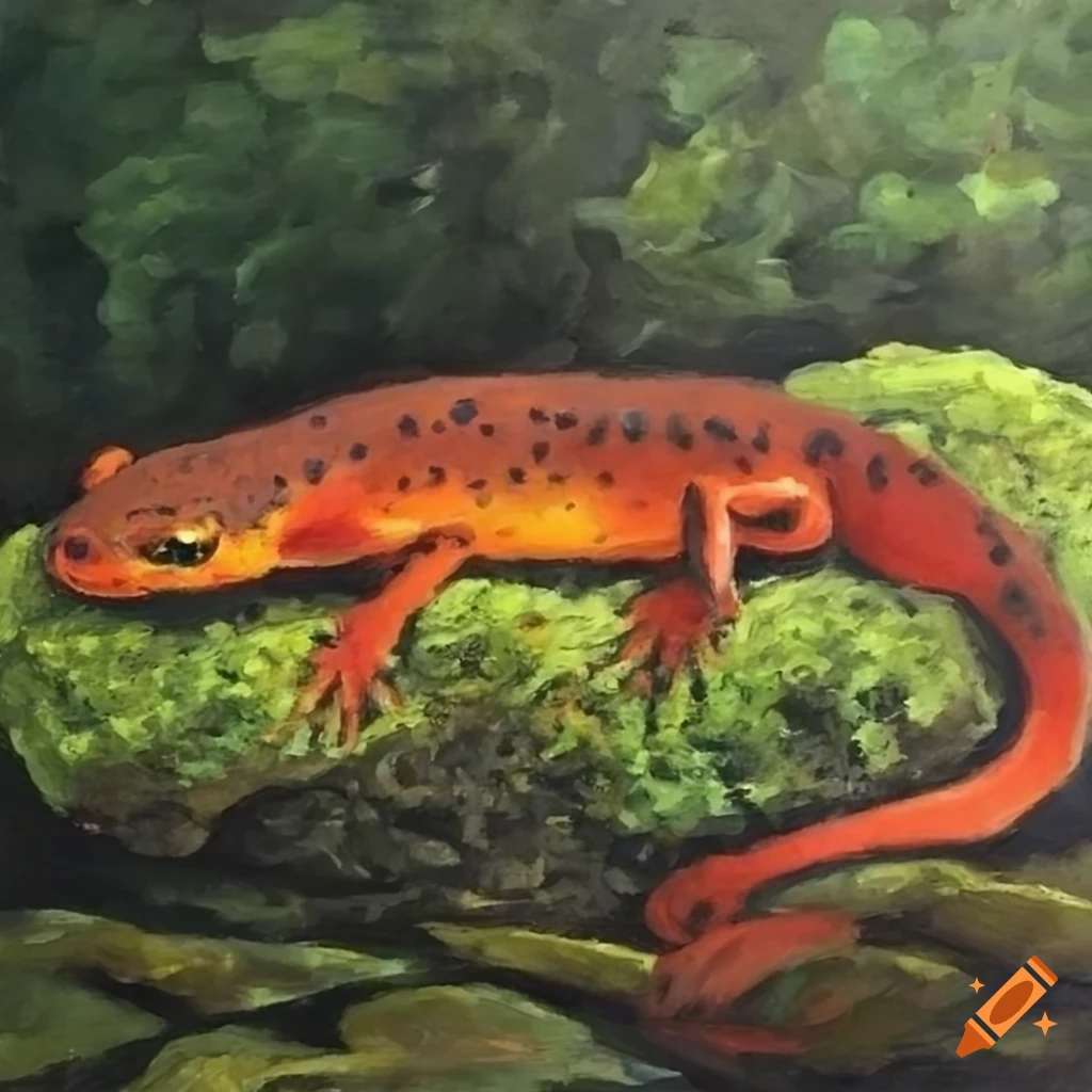 Oil painting of a red-spotted newt on a mossy rock on Craiyon