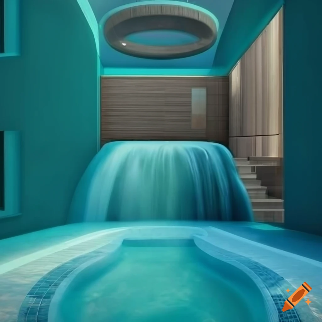 Surreal 3D rendered architecture spa with underwater waterfalls on Craiyon