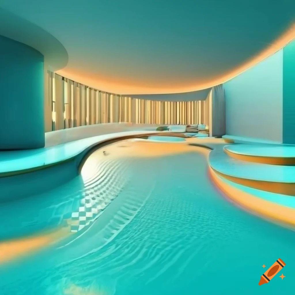 3d rendered surreal spa architecture with pools and curvy forms on Craiyon