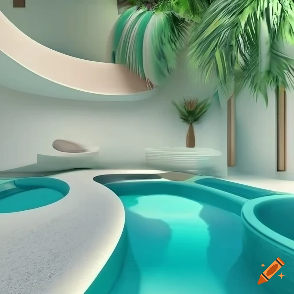 Surreal spa interior with waterfalls and curvy shapes on Craiyon