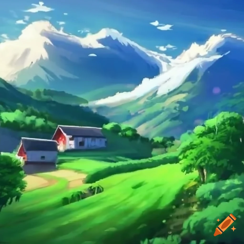 Detailed anime farm in mountain backdrop on Craiyon