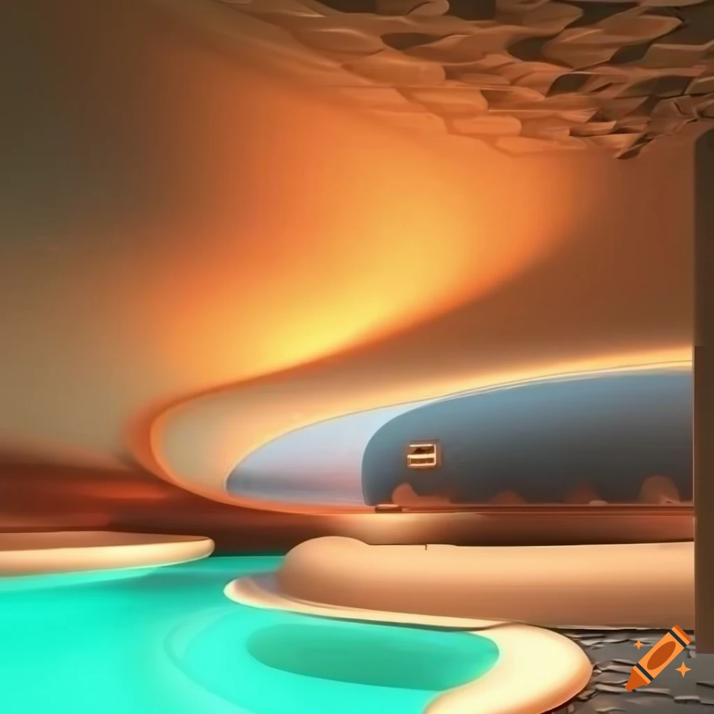 Surreal 3d rendered living room with pool hallway on Craiyon
