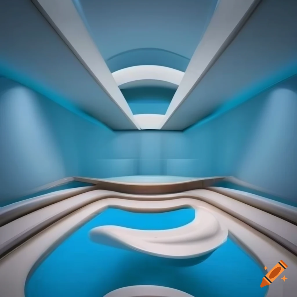 Surreal 3D rendered living room with pool hallway on Craiyon