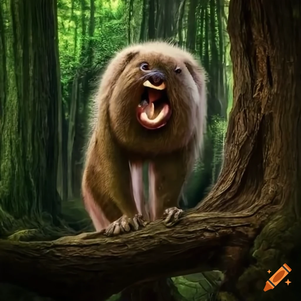 Illustration of a fanged creature eating tree bark in a magical forest ...