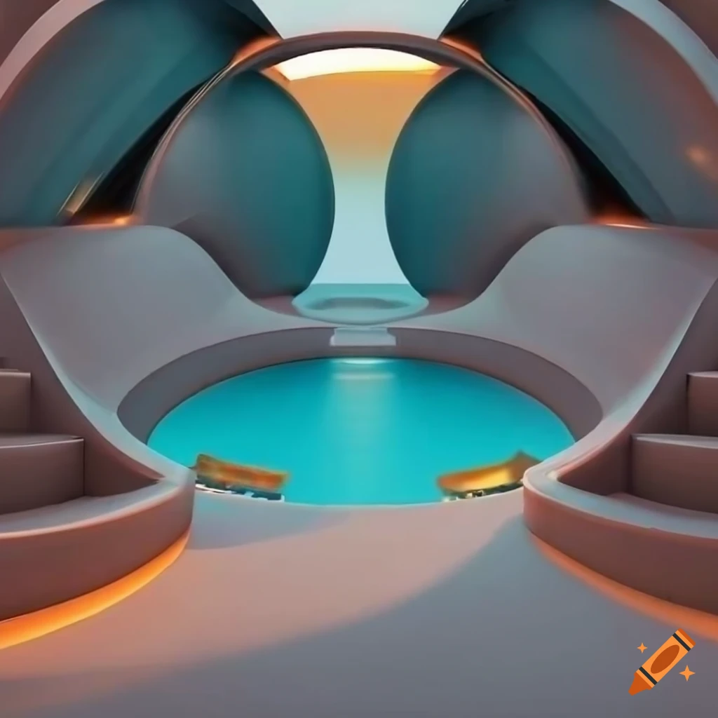 3d rendered surreal spa interior with pools and fountains on Craiyon