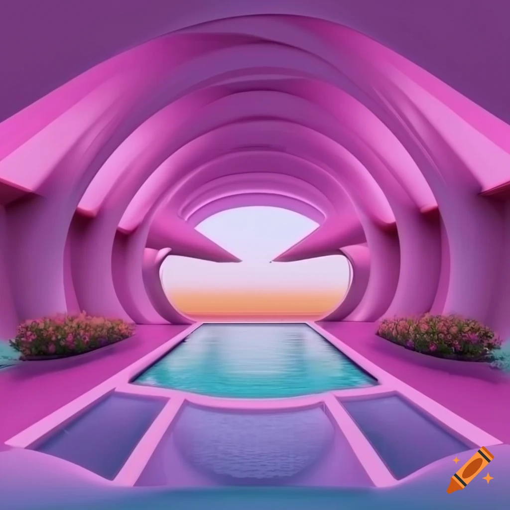 Surreal interior design with flowing forms and sunset colors on Craiyon