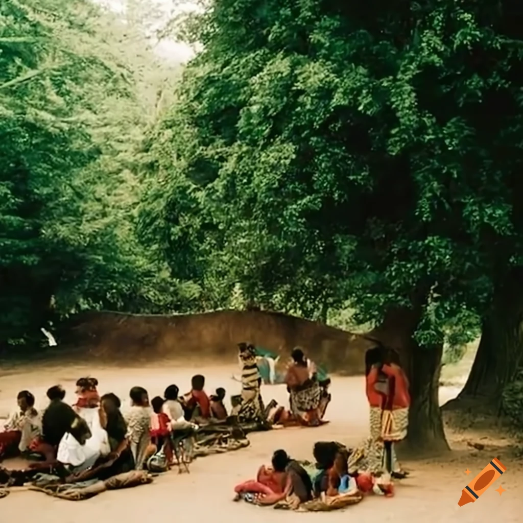 People sitting under a tree in a village on Craiyon