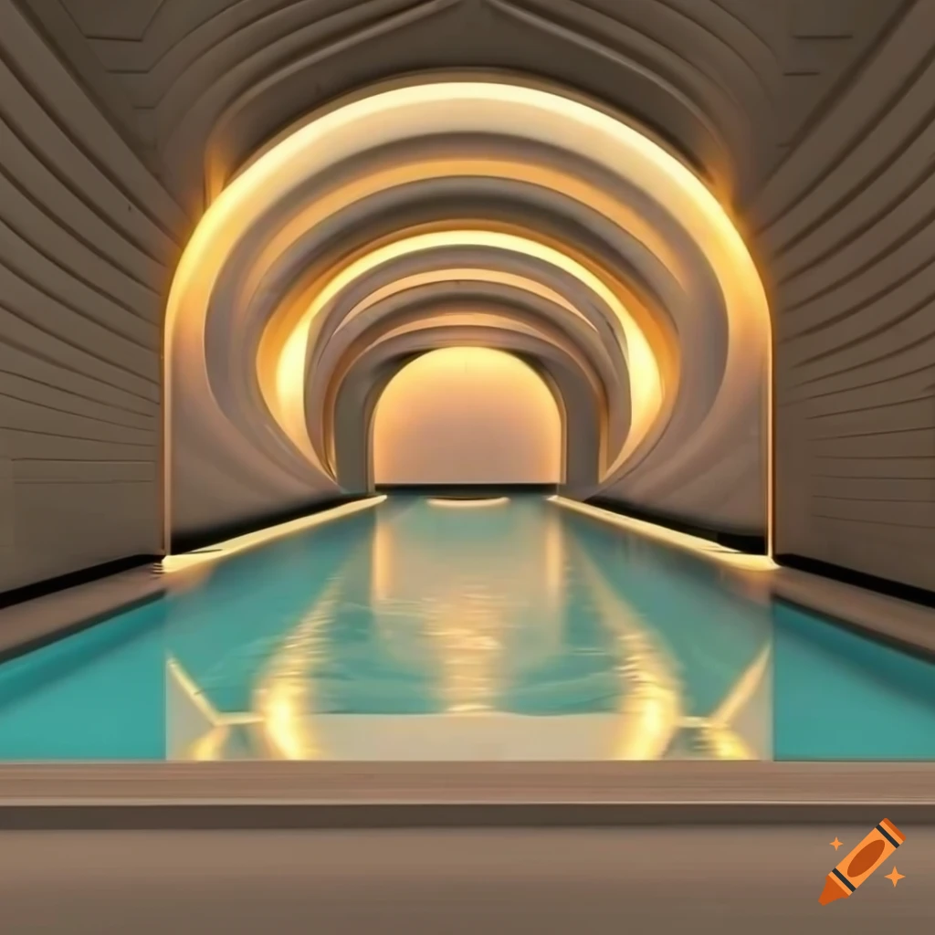 3D rendered surreal spa interior with pools and fountains on Craiyon