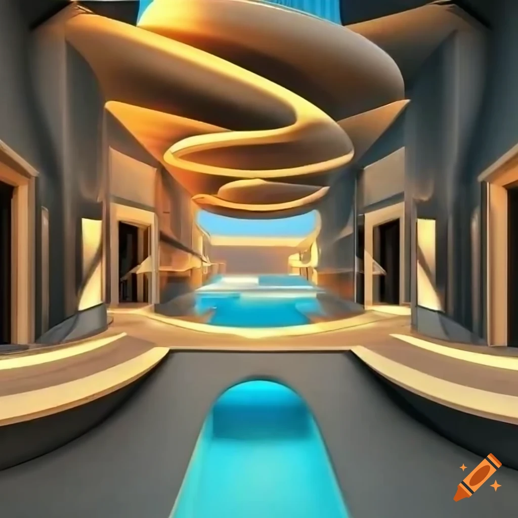 Surreal 3D rendering of a spa with waterfalls and flowing shapes on Craiyon