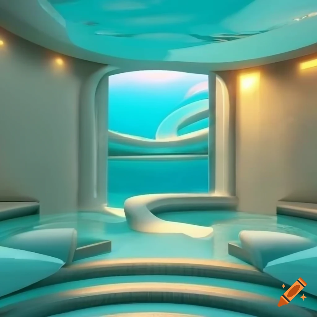 3D rendering of a surreal spa with pools and waterfalls on Craiyon