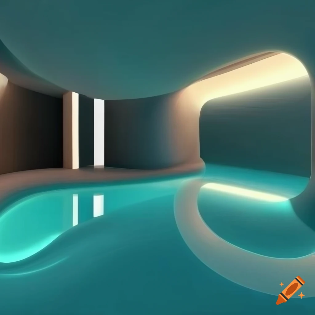 Surreal 3d architecture of a living room with pool hallway on Craiyon